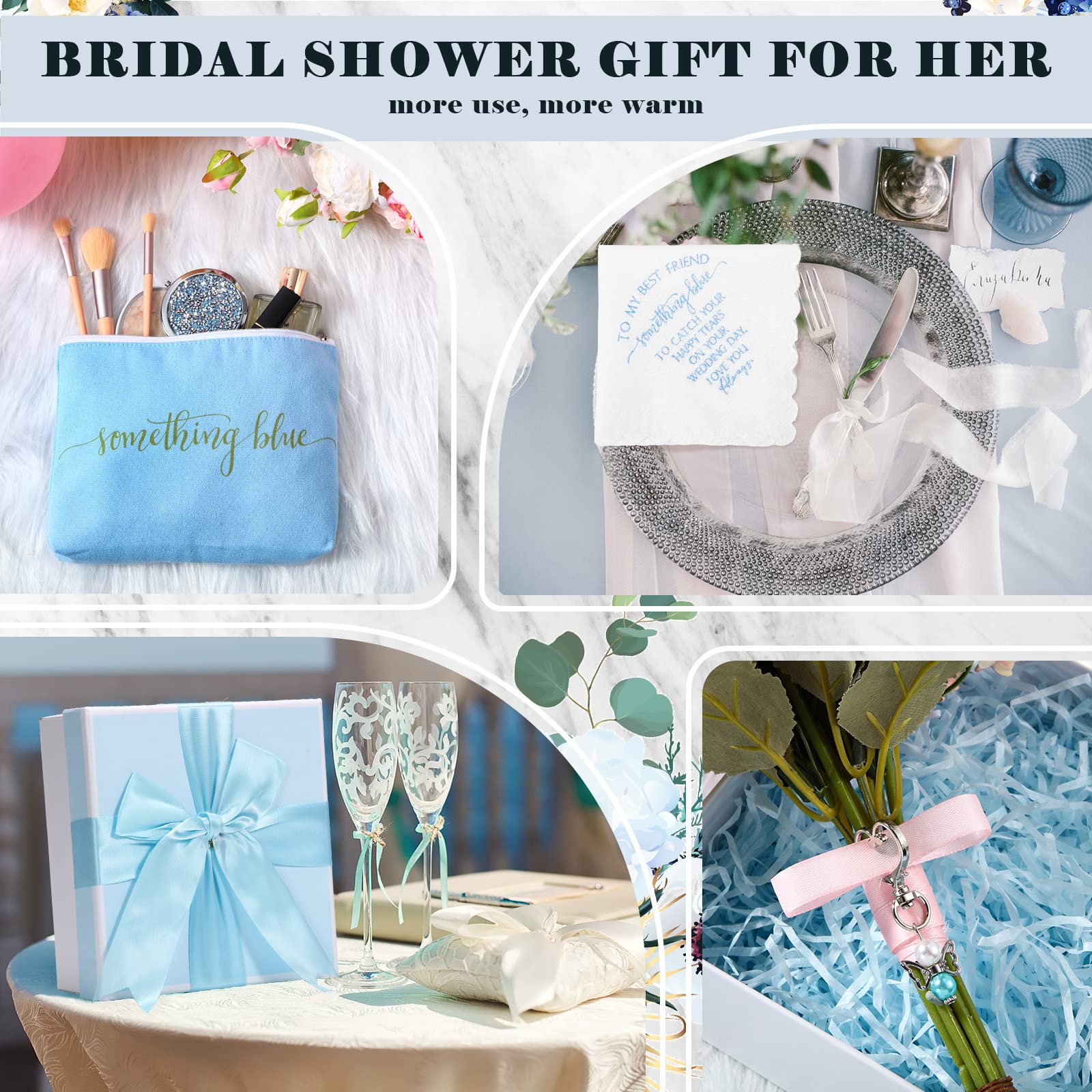 Set of 5 Something Blue Wedding Gift for Bride to My Best Friend Wedding Embroidered Handkerchief Angel Bouquet Charm Something Blue Bridal Cosmetic Bag Diamond Compact Mirror Blue Raffia Gift Box