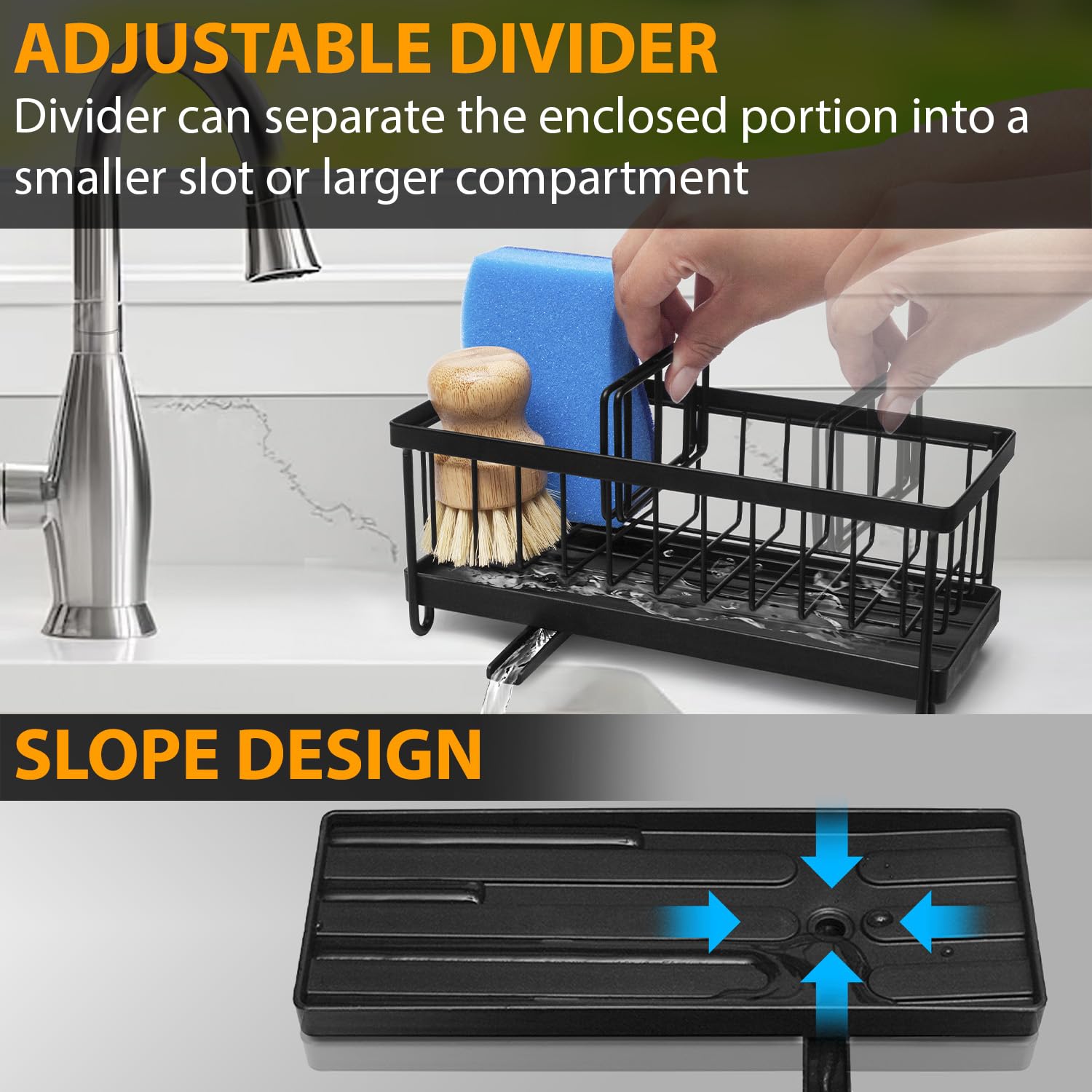 KSEV Sink Caddy with Adjustable Auto Spout Drain Pan, (Stainless Steel Rustproof) Kitchen Countertop Sink Organizer Rack Storage Holder with Divider for Countertop Sponge Soap Brush Dispenser (Black)