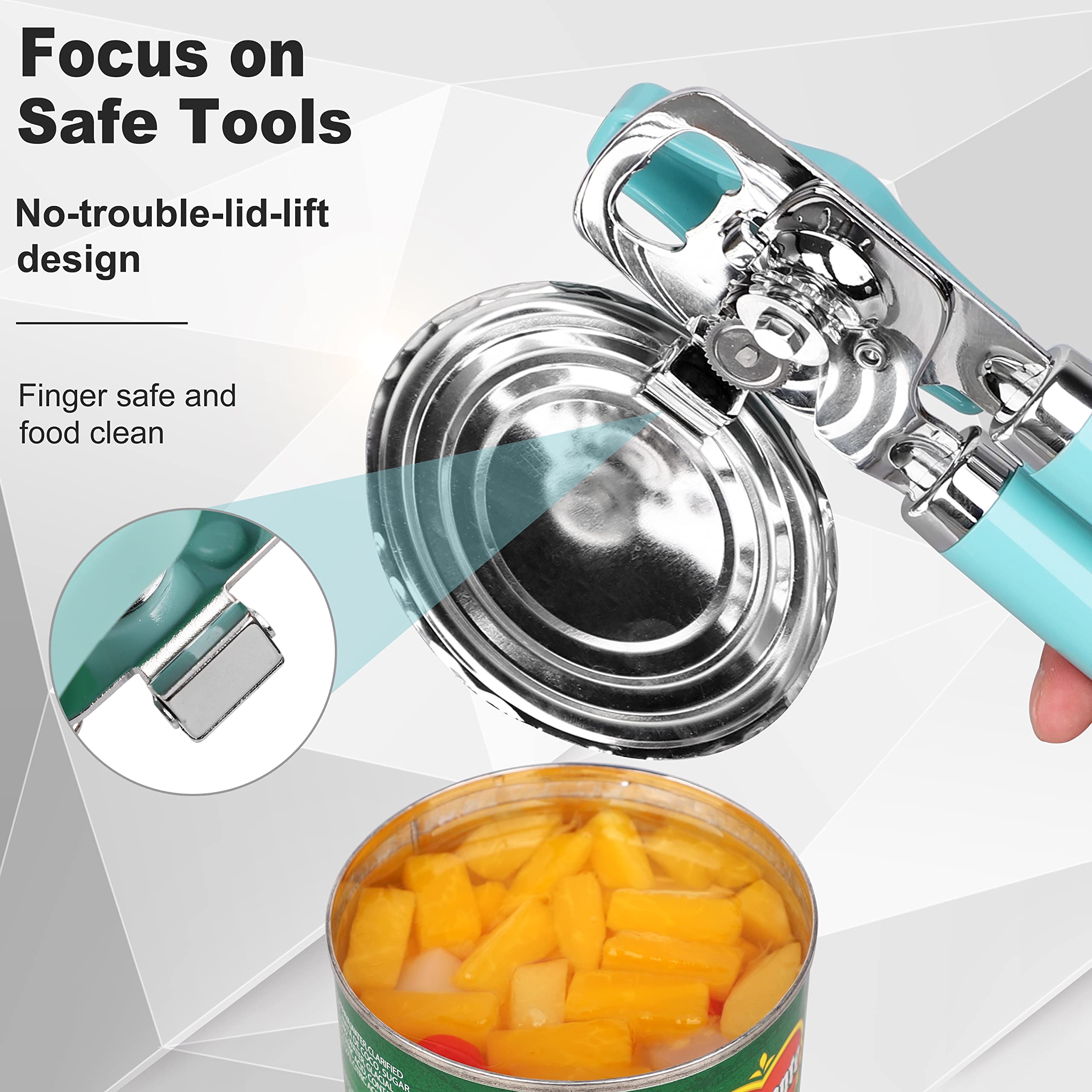 PAKITNER - Can Opener Manual, Safe Cut Heavy Duty Hand Can Opener with Magnetic Lifter, Stainless Steel with Sharp Blade Smooth Edge Can opener, Easy Big Turn Knob, with Bottle Opener, Aqua Sky