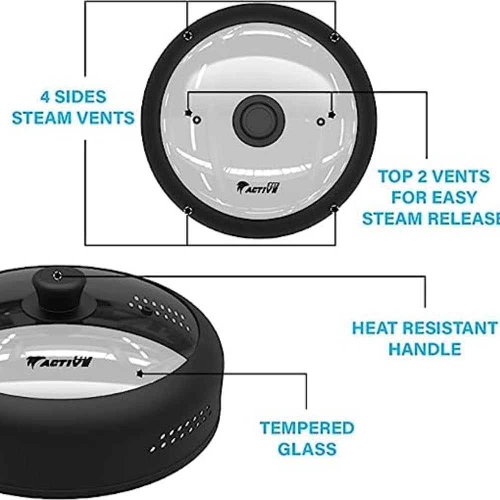 Microwave Cover for Food, Silicone and Glass Splatter Guard Lid for 6–7–8–9-10-11-12 inch Plates & Bowls. by. EZY ACTIVE.