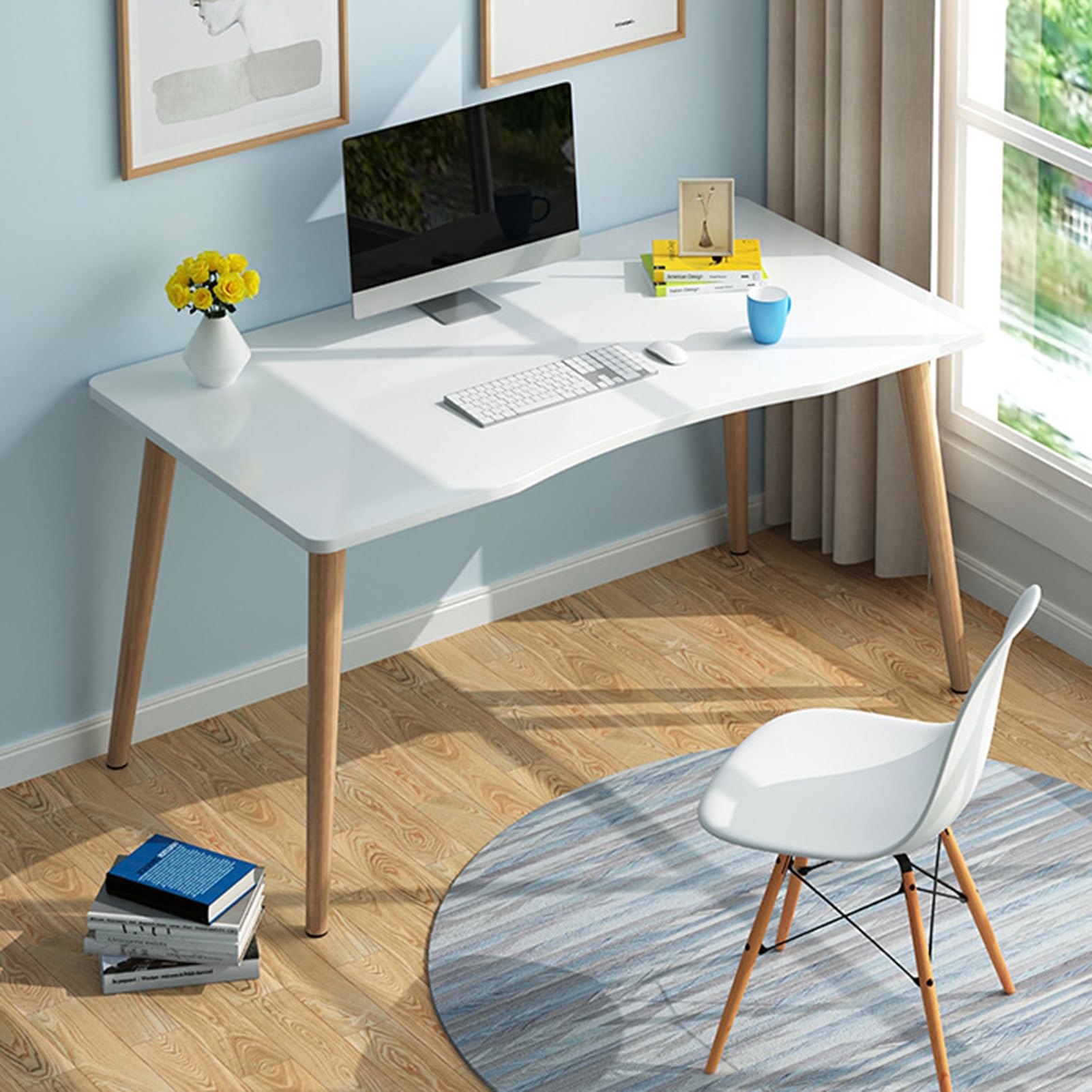 Wilitto Computer Desk 40", Modern Simple Style Desk, Study Writing Table, Home Office Work Desk, Gaming Desk Ergonomic Arc Design- White
