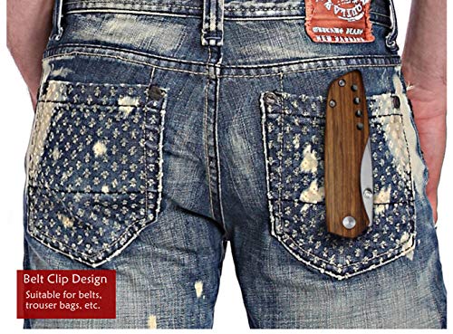 Pocket Knife with Belt Clip, Folding Tactical Knife for Camping Hunting Fishing, Safety Liner-Lock, 8cr13mov Stainless Steel Blade, Zebra Wood Handle, Fine Edge
