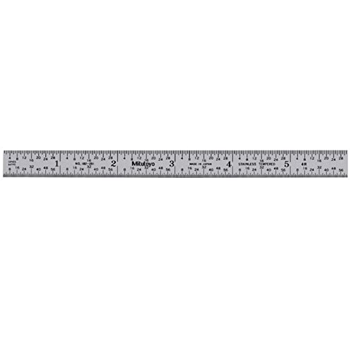 Mitutoyo 182-201, Steel Rule, 6" (4R), (1/8, 1/16, 1/32, 1/64"), 1/64" Thick X 1/2" Wide, Satin Chrome Finish Tempered Stainless Steel