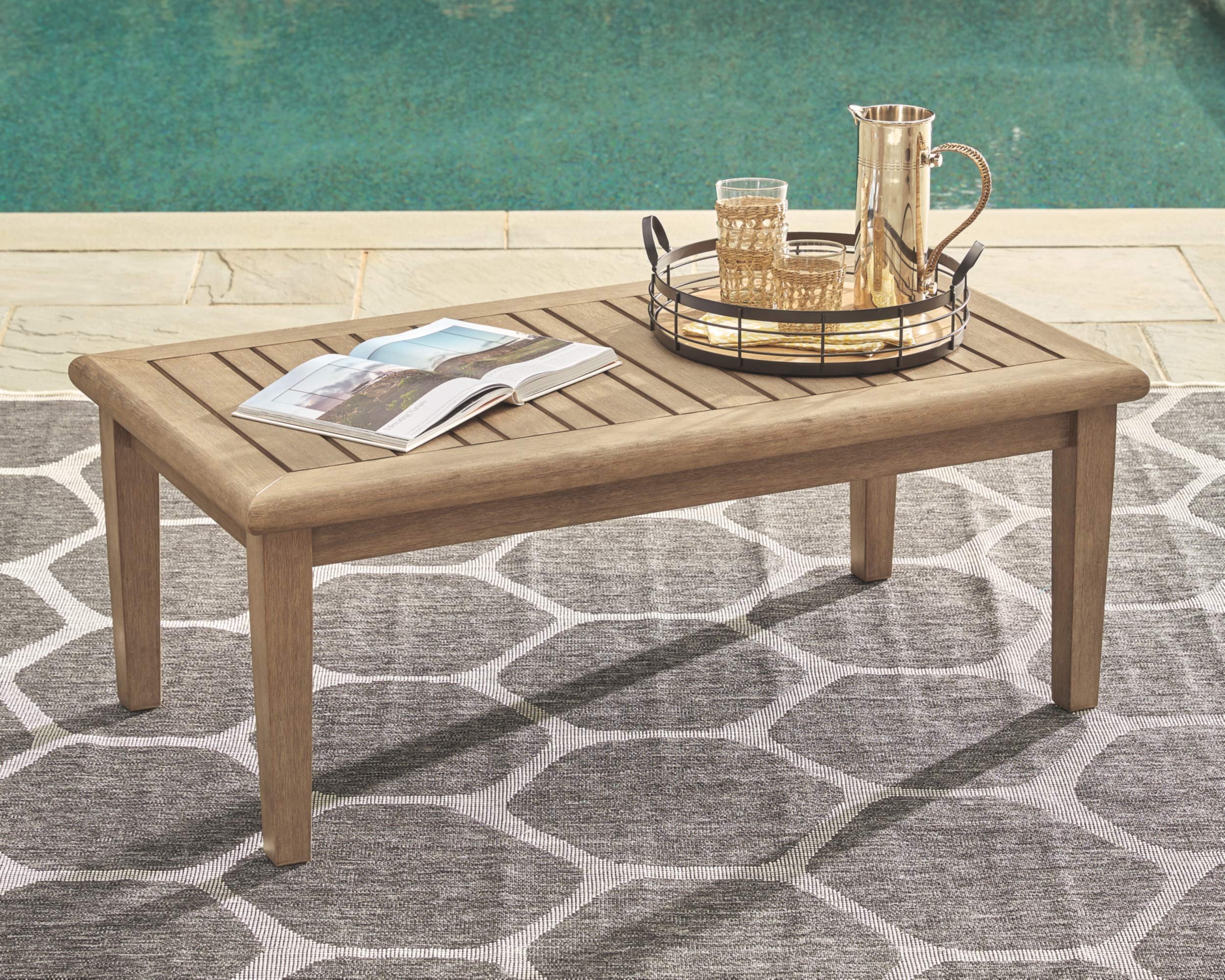 Signature Design by Ashley Clare View Coastal Outdoor Patio Eucalyptus Sofa & Gerianne Rectangular Eucalyptus Wood Slat Top Coffee Table & Clare View Eucalyptus Wood Single Cushioned Lounge Chair
