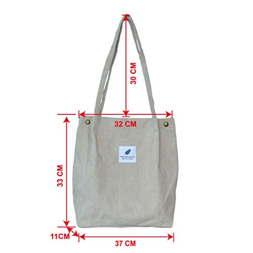 MODANA Corduroy Tote Shopping Bag with Interior Pocket, Reusable Washable and Ecofriendly, Perfect Totes for Shopping Travelling School and So on (Beige)