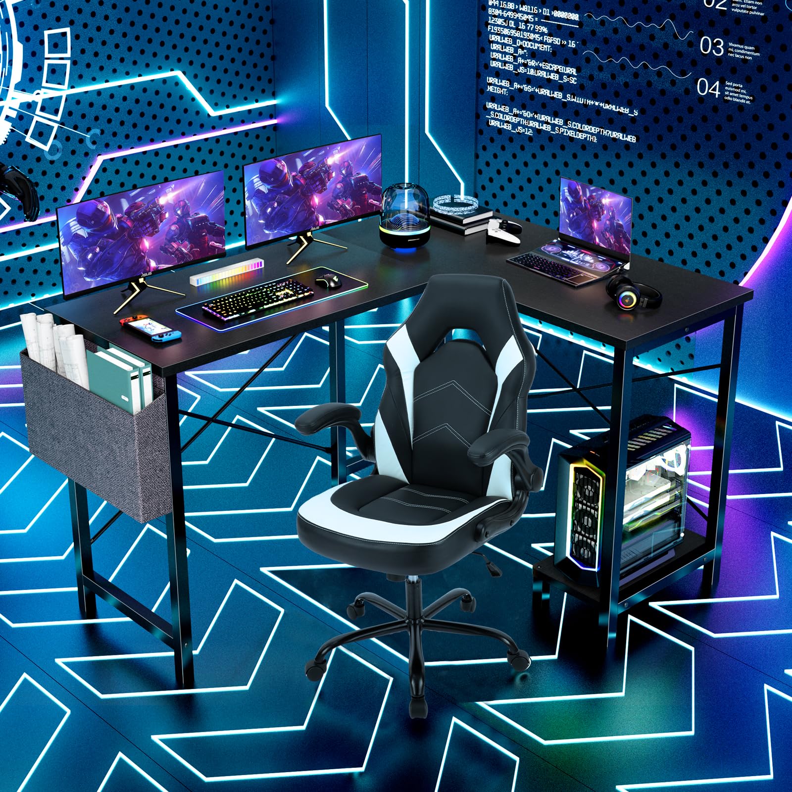 Sweetcrispy L Shaped Desk Gaming Computer 50 Inch Reversible Corner Table PC Work Table for Writing Study Student with Wood Tabletop Metal Frame CPU Stand Side Bag for Home Office Small Place, Black