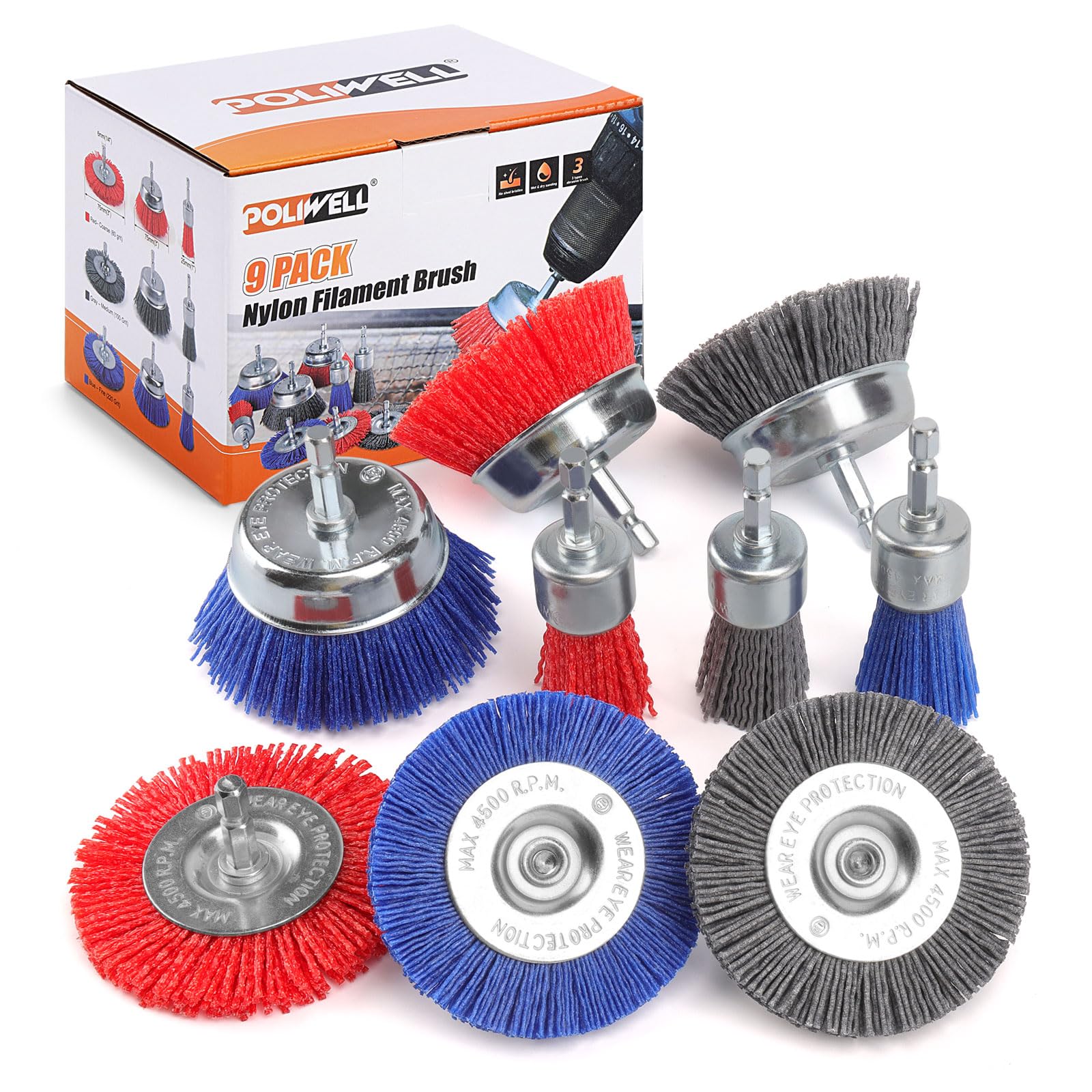 POLIWELL Nylon Filament Brush 9 Pack, Abrasive Wire Brush Wheel & Cup Brush Set, Drill Bit Sanding Brush with 1/4” Hex Shank for Steel Rust Removing, Grill Cleaning, Flaking Paint Refinishing