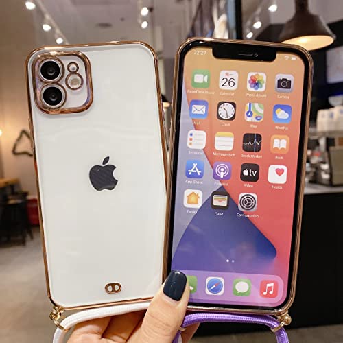 ZTOFERA Crossbody Phone Case for iPhone 14 Pro, Clear Protective Case for Girls Adjustable Detachable Lanyard Gold Edge Silicone Bumper Back Case for iPhone 14 Pro - White
