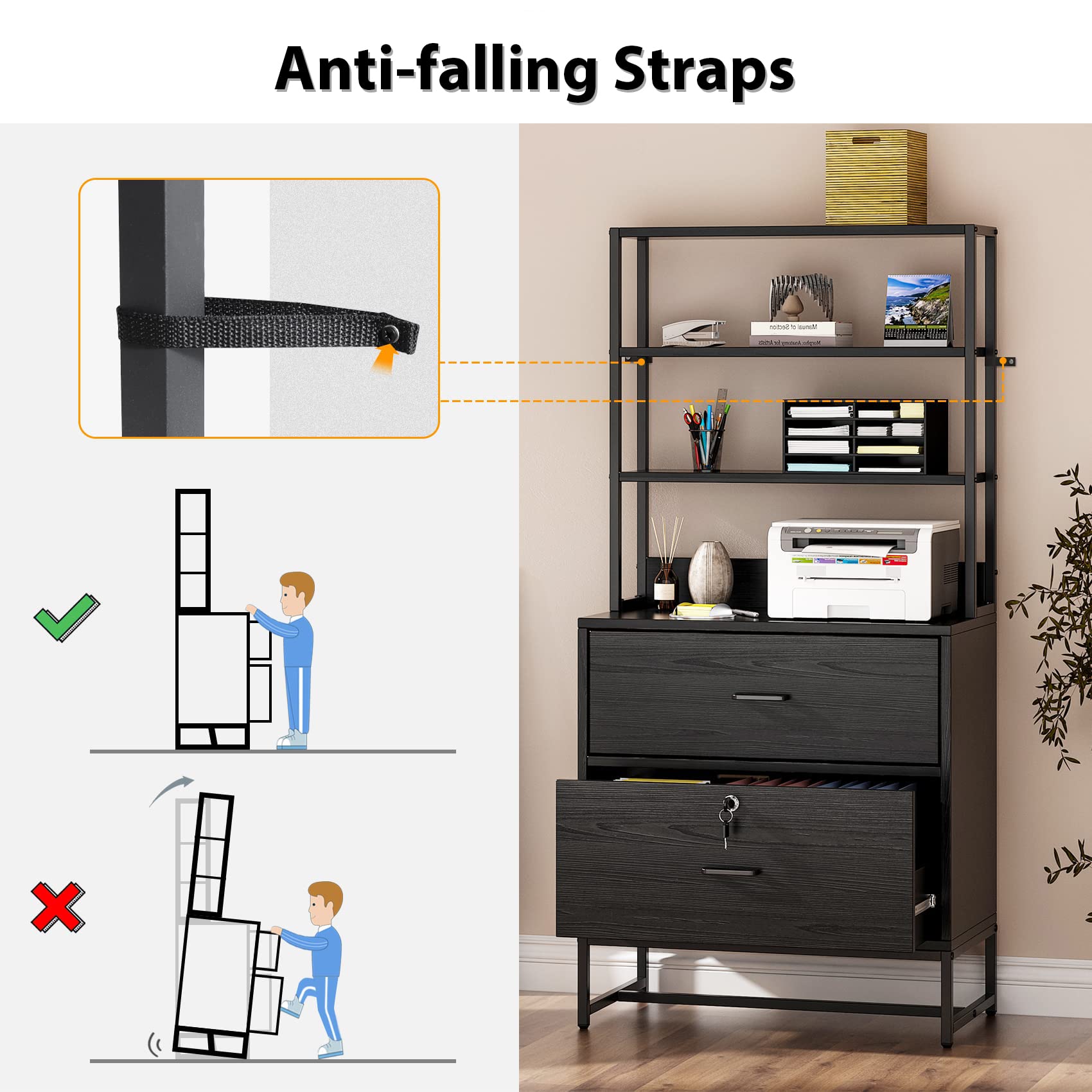 Jehiatek File Cabinets for Home Office with Lock 2 Drawer, Office Organization and Storage, Large Vertical Filing Cabinet with Bookshelf, Sturdy, Durable, Easy to Assemble and Clean (Black)