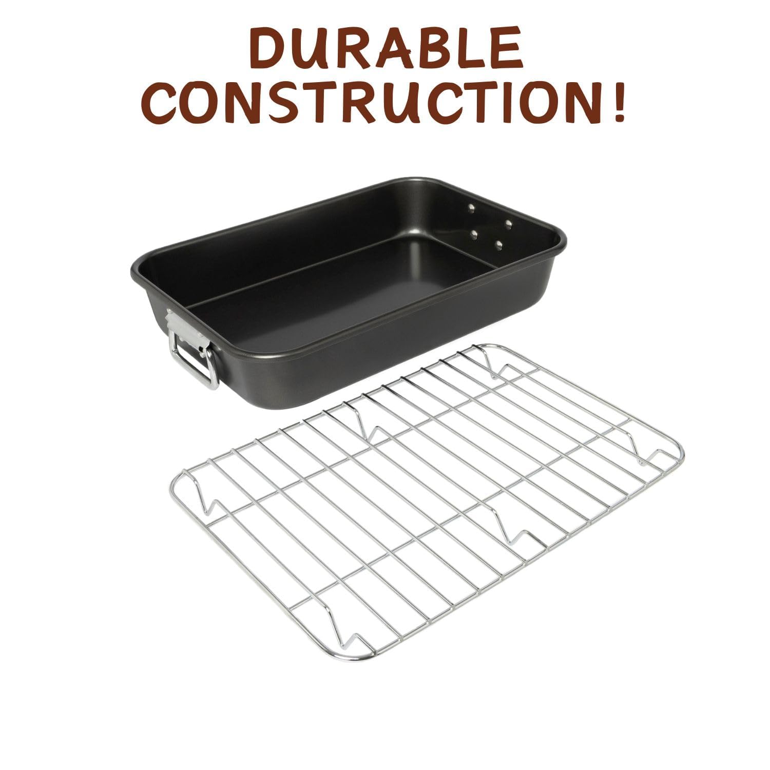 Roasting Pan with Rack and Handles - 15 Inch Carbon Steel Roaster Pan for Oven - Large Roaster Pot for Turkey Chicken Meat & Vegetables, Dishwasher Safe, Heavy Duty, Black