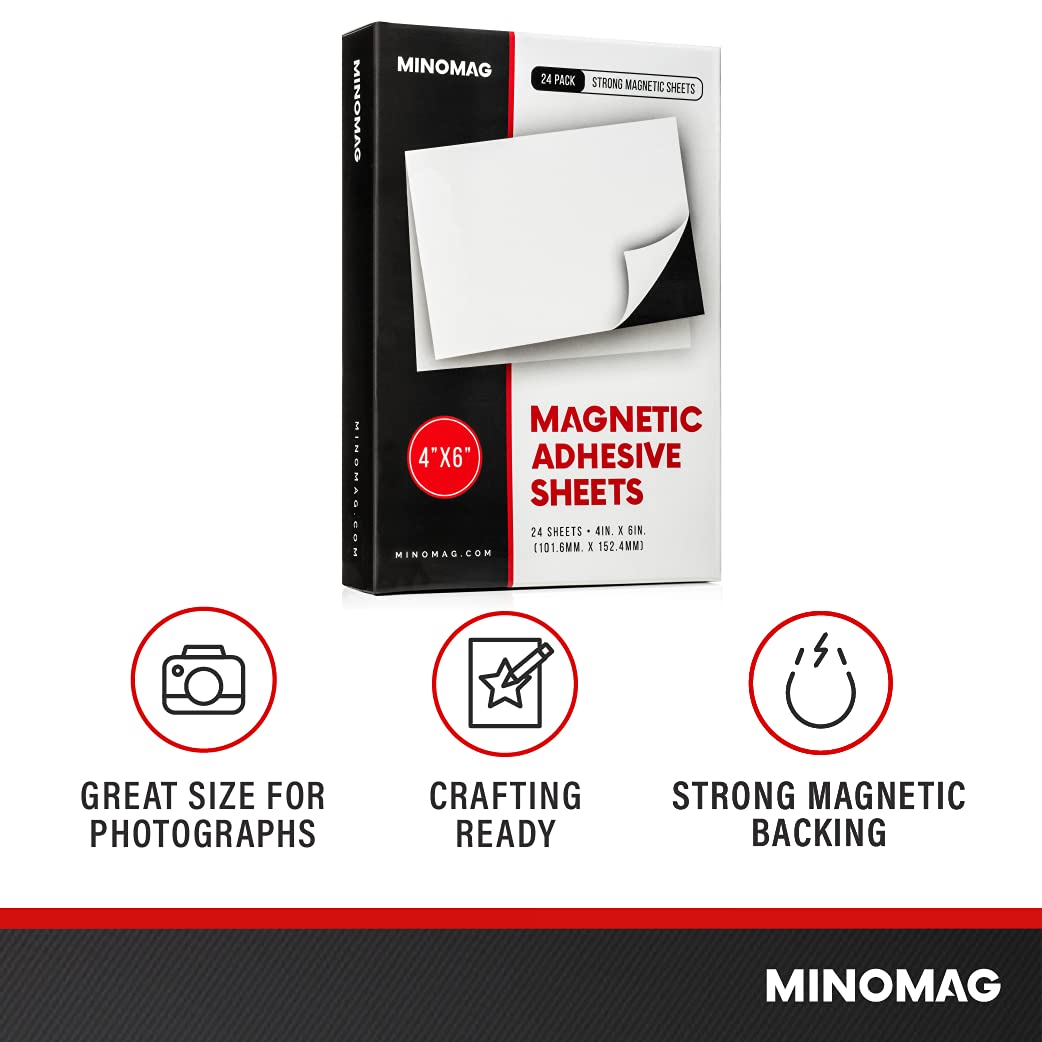 Minomag 4x6 inch Magnetic Adhesive Sheets 24 Pack | Strong Magnetic Sheets with Adhesive Backing for Refrigerator Photo Magnets and Save The Date Magnets