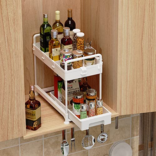 SOLEJAZZ 2-Tier Under Sink Organizer, Under Bathroom Sink Cabinet Sliding Under Sink Storage Organization, Multi-purpose Kitchen Shelf with Hooks, Hanging Cup, White