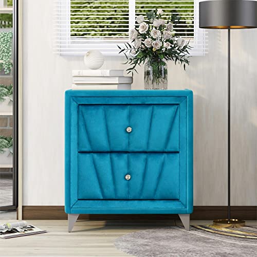 Wood Nightstand with 2 Drawers, Bedside Tables with Velvet Fabric & Glass Worktop, Bed Side Table & Night Stand End Table with Storage for Living Room, Bedroom, Beige, 25"L x 13.7"W x 28.3"H