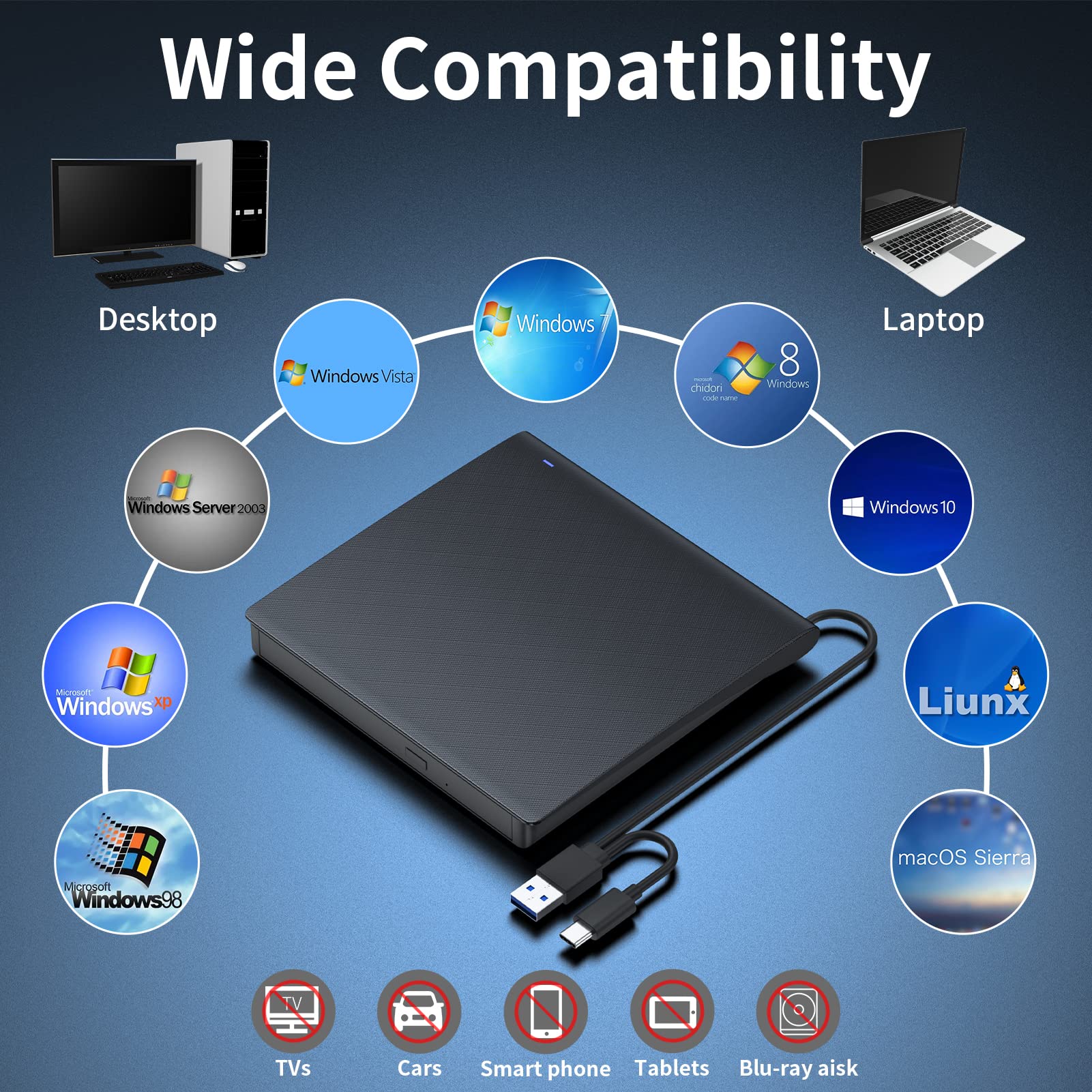 OOCLCURFUL External CD/DVD Drive for Laptop, USB 3.0 Type-C Portable CD/DVD Optical Drive Player Reader Writer CD Burner, Compatible with Laptop Desktop PC MacBook Mac Windows Linux OS (Jet Black)