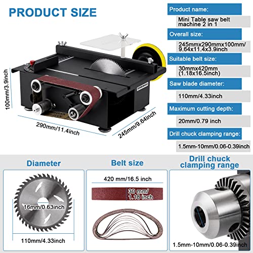 Mini Multifunctional Table Saw 300W 0.8" Cut Depth, 1.2β x 16β Belt Sander 6β Disc Sander for Crafts Wood Stone Cutting and Grinding, w/ 10 Sanding Belts and 5 Sandpapers