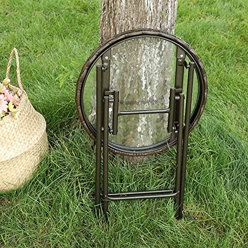 PHI VILLA Outdoor Side Tables-Foldable Patio Rattan Table with Tempered Glass Table Top and High-Strength Thickened Iron Pipe Bracket for Patio Outdoor Sofa and Chair in Garden,1 Pack