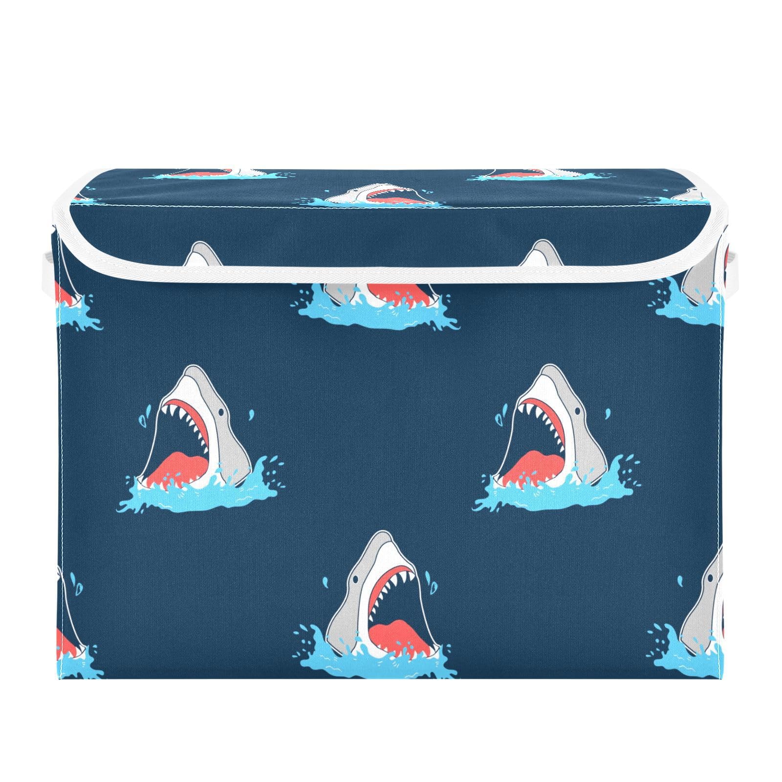 VIGTRO Large Collapsible Storage Bins with Lids Hand Drawn Shark, Summer Storage Baskets Organizer Containers with Handles for Home Bedroom Office