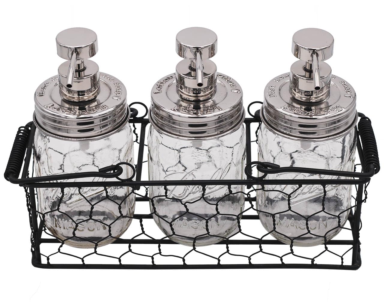 Mason Jar Lifestyle Caddy for 3 Pint Mason Jars in Chicken Wire with Wire Wrapped Handles