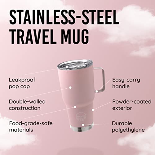 Mayim Large Travel Coffee Mug Tumbler with Clear Slide Lid and Handle, Reusable Vacuum Insulated Double-Wall Stainless-Steel Thermos, Fits in Cup Holder, 30oz., Blush