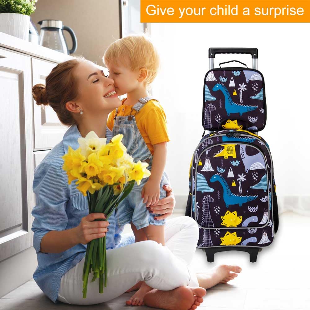 gxtvo Rolling Backpack for Boys, Roller Wheels Kids Bookbag - Wheeled Suitcase Elementary School Bag - 3PCS Dinosaur