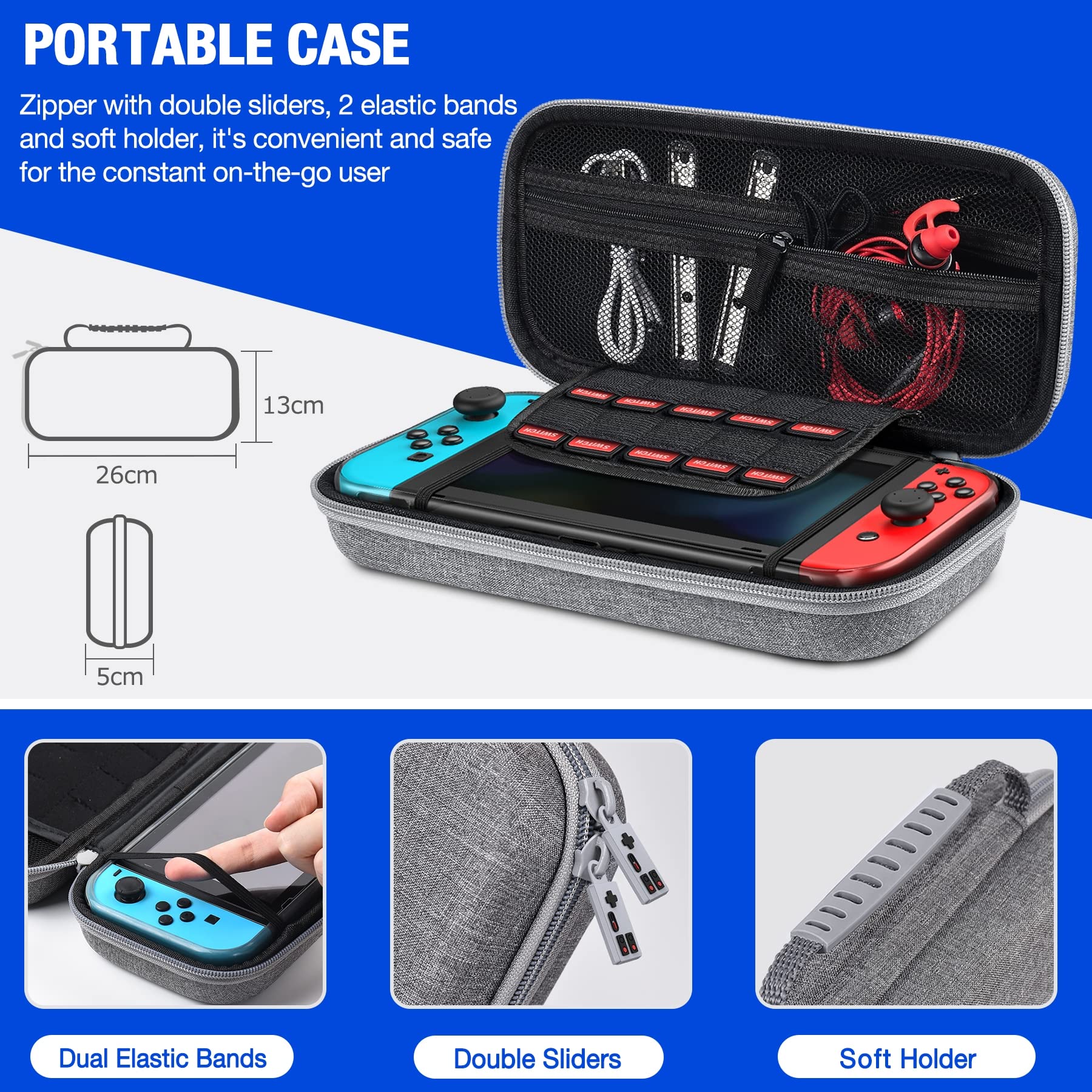 Kawaye Switch Case Compatible with Nintendo Switch, Switch Carrying Case with with 10 Games Slots, Portable Travel Hard Shell Switch Case for Game Storage Accessories, Gray