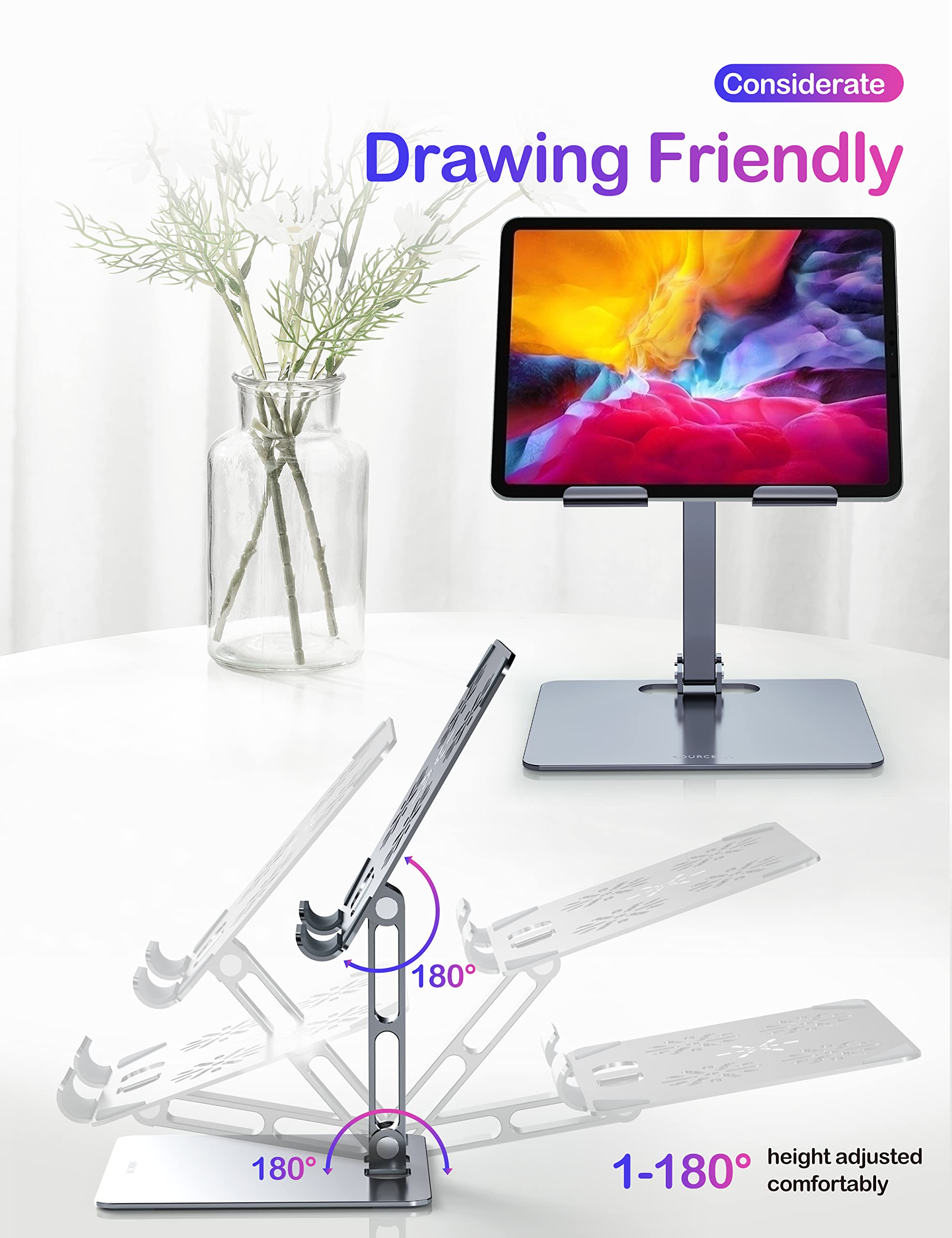 Tablet Stand Holder for Desk Adjustable Aluminum Portable Stand Foldable Desktop Tablet Dock Multi-Angle Riser Home Office Desk Accessories Compatible with iPad,iPad Air Mini (4-13in)(Non-Magnetic)