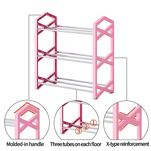 SHELAKET Upgrade 3-Tier Small Shoe Rack, Metal Lightweight 5-7 Pairs Shoe Shelf Storage Organizer for Entryway, Hallway and Closet(Pink)