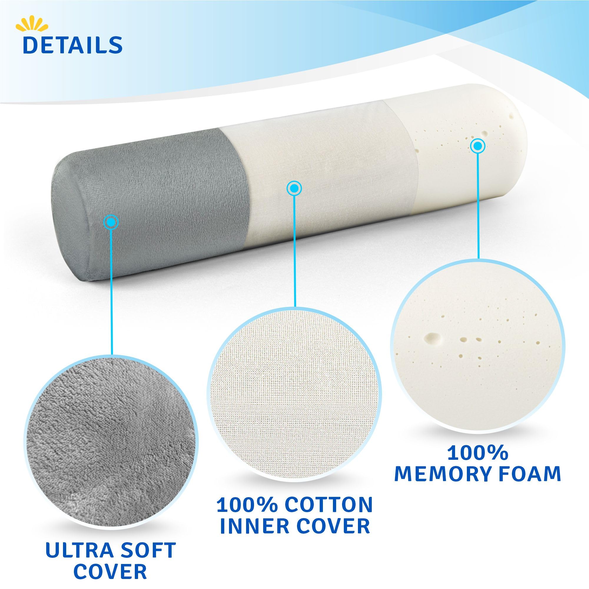 Healthex Cervical Neck Roll Pillow, Memory Foam Pillow, Cylinder Round Pillow, Pain Relief Neck Pillows for Sleeping Support, Removable Washable Cover (Grey)