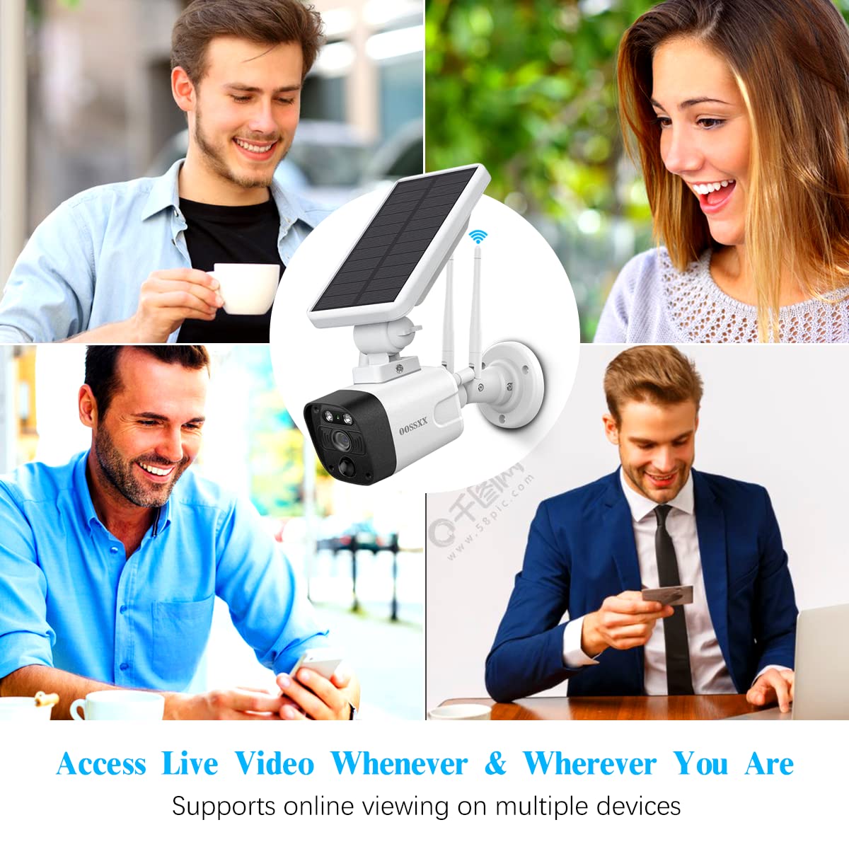 OOSSXX Solar Battery Security Camera Outdoor Wireless Solar Powered Wireless Camera with Rechargeable Battery, WiFi Home Surveillance Camera for Multi-User Use, 3.0MP with Two Way Audio 2 Packs