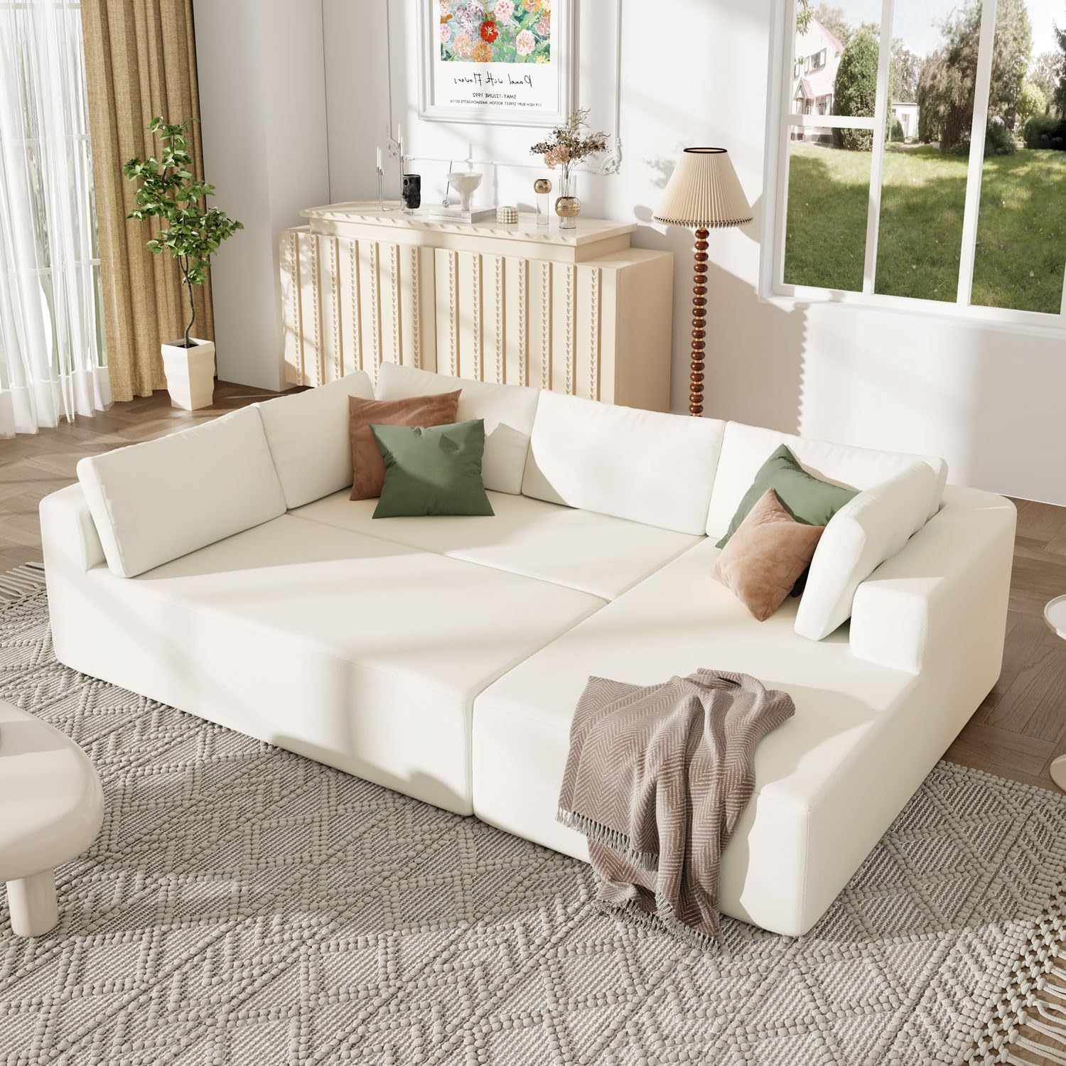 Yogald 135.6ββ L-Shaped 4 Seats Sectional Cloud Sofa with 2 Chaise Lounges, Minimalist Style Oversized Modular Sofa, Comfy Upholstered Luxury Floor Couch Set, for Living Room Office Apartment (Beige)