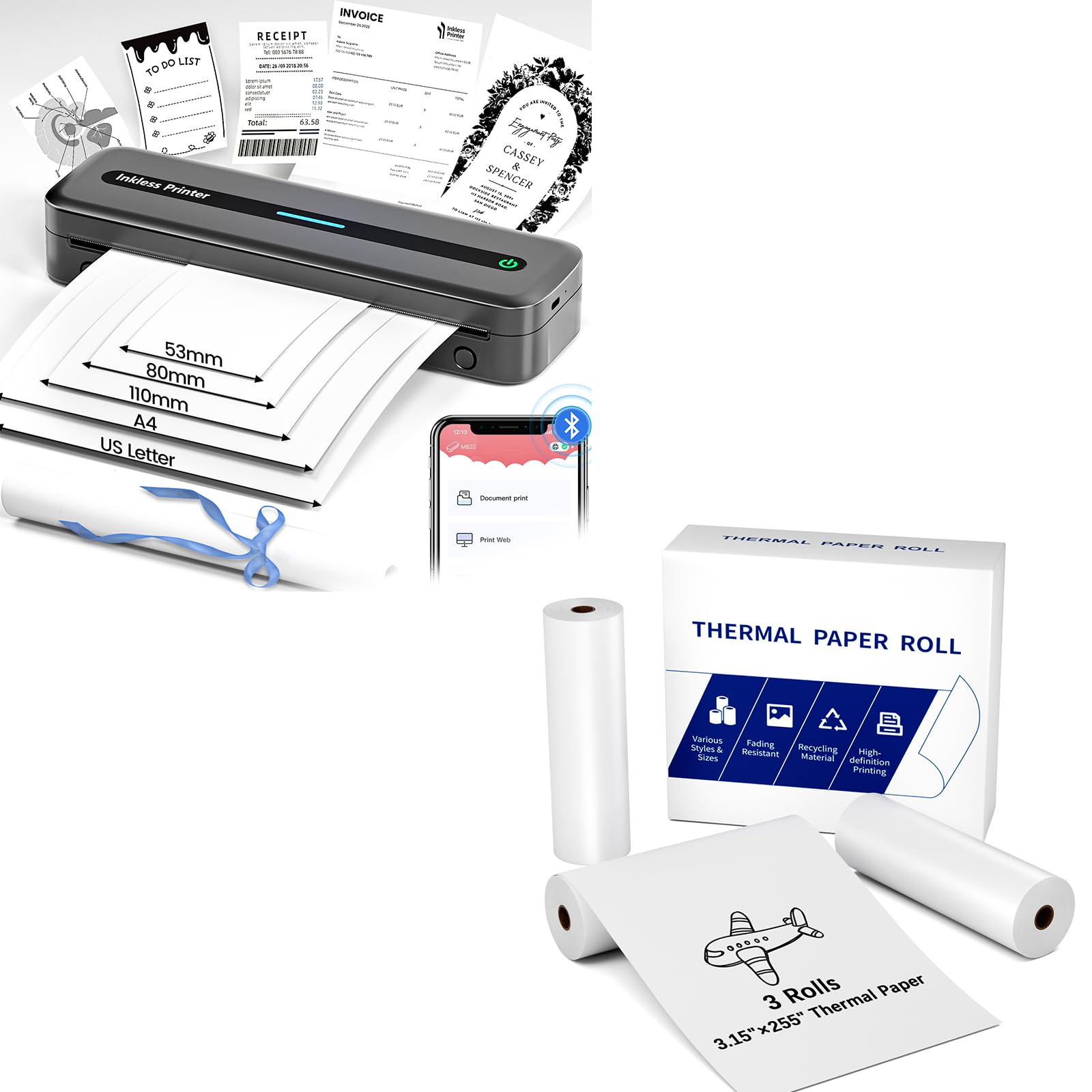 Portable Printer Wireless for Travel and Home Office - Upgarde Inkless Portable Printer with Inner Paper Bin, Thermal Portable Printer Compact Printer Support US Letter and Multiple Sizes