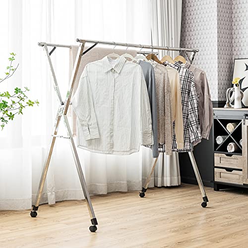 Tangkula Clothes Drying Rack with Wheels, Freestanding Stainless Steel Garment Rack for Laundry, Adjustable and Foldable, No Assembly Need, Space Saving Laundry Drying Rack for Indoor Outdoor