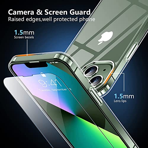 SPIDERCASE Designed for iPhone 13 Case/iPhone 14 Case, [Crystal Clear Not Yellowing][with 2 Pcs Tempered Glass Screen Protectors] Slim Thin Case for iPhone 13/14 (Clear)