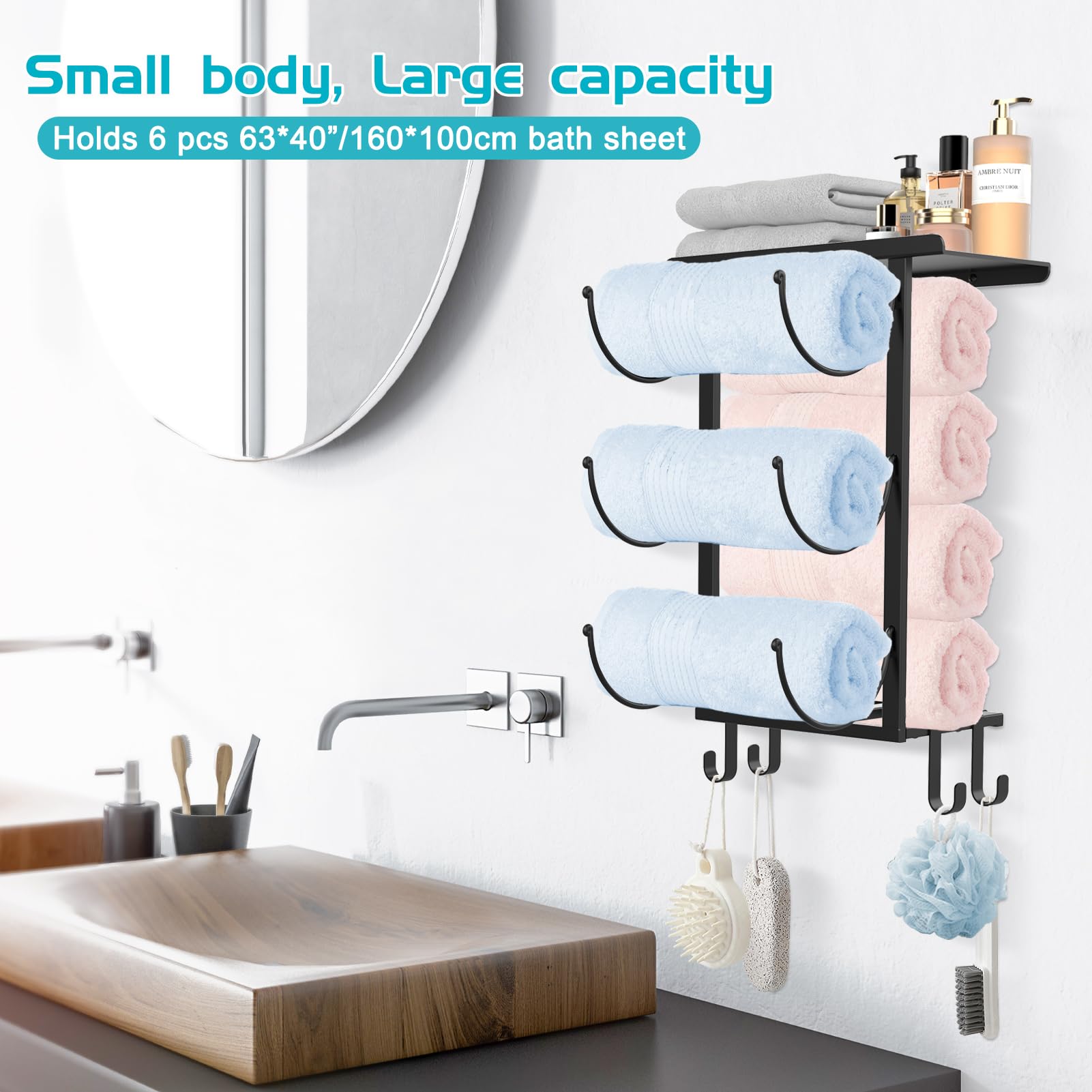 Wall Mounted Towel Rack for Rolled Towels, Oppro Double-Sided Wall Towel Storage for Small Bathroom with Shelf & Hooks, Upgrade Bath Towel Racks Holds 6 Large Size of Rolled Towel, Black