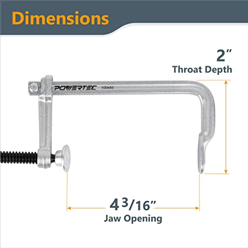 POWERTEC 71598 4 Inch Heavy Duty F Clamp, 4-3/16 Inch x 2 Inch Throat F Style Bar Clamps for Woodworking, 480 lb Capacity each – 2 Pack