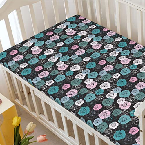 Roses Themed Fitted Crib Sheet,Standard Crib Mattress Fitted Sheet Soft & Stretchy Fitted Crib Sheet-Crib Mattress Sheet or Toddler Bed Sheet,28β x52β,Baby Pink Cadet Blue
