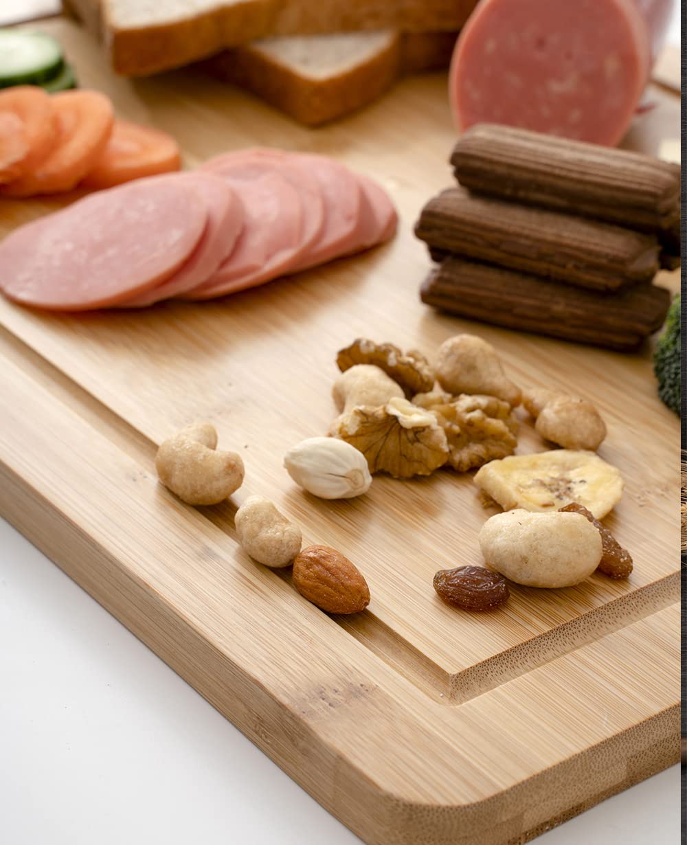 Large Bamboo Cutting Board Cheese Board Cheese Tray with Juice Groove & Round Groove, Chopping Board Charcuterie Board Christmas