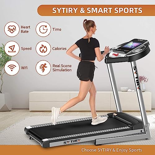 SYTIRY Treadmill with Large 10" Touchscreen, WiFi Connection, YouTube, Facebook,3.25hp Folding Treadmill, Cardio Fitness Exercise Machine for Walking, Jogging, Running TR0608012