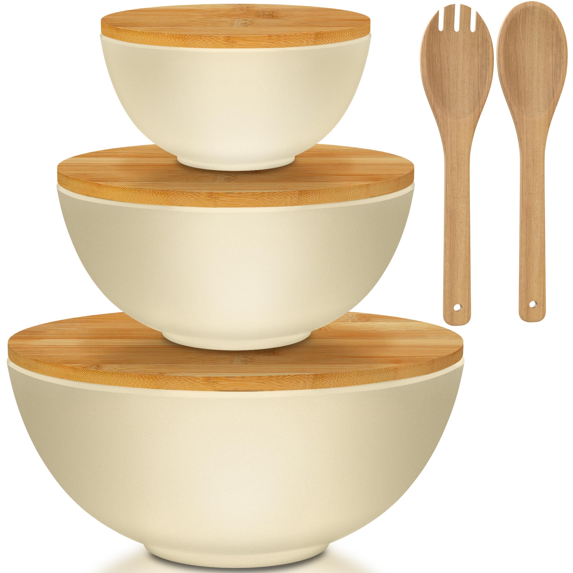 Large Bamboo Salad Bowl Set with Cutting Board Lids and Serving Utensils - Small, Medium and Big Salad Bowl with Lid - White Dish Set - Bamboo Mixing Bowls Set for Chips, Dip, Fruit, Popcorn, Parties