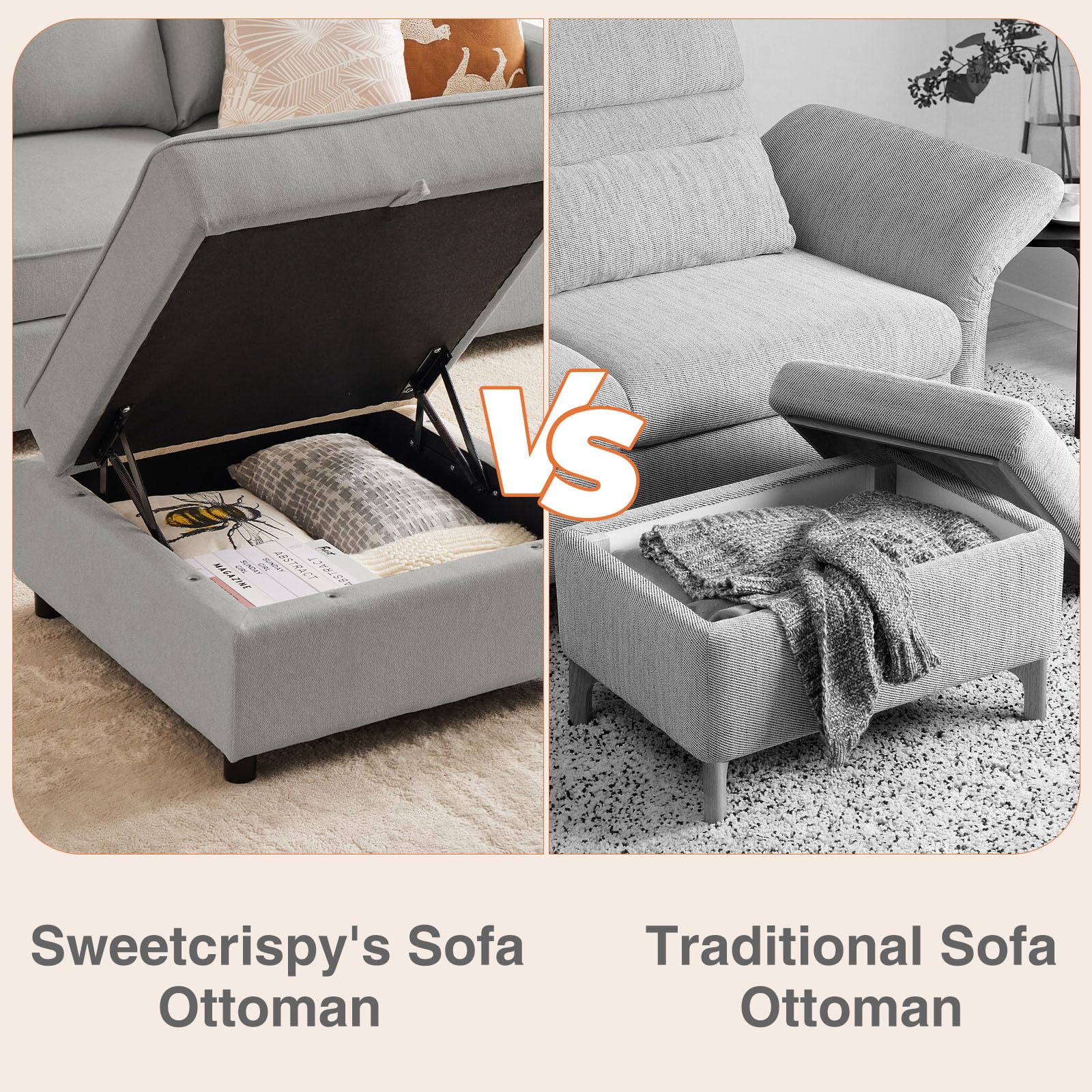 Sweetcrispy Convertible Small Sectional Sofa Couch, 5 Seat 6 Back Sofa Set with Large Storage for Living Room, L-Shaped Modular Sofa Sleeper with Ottoman, Comfy Sofa Couch with Extra Deep Seats, Grey