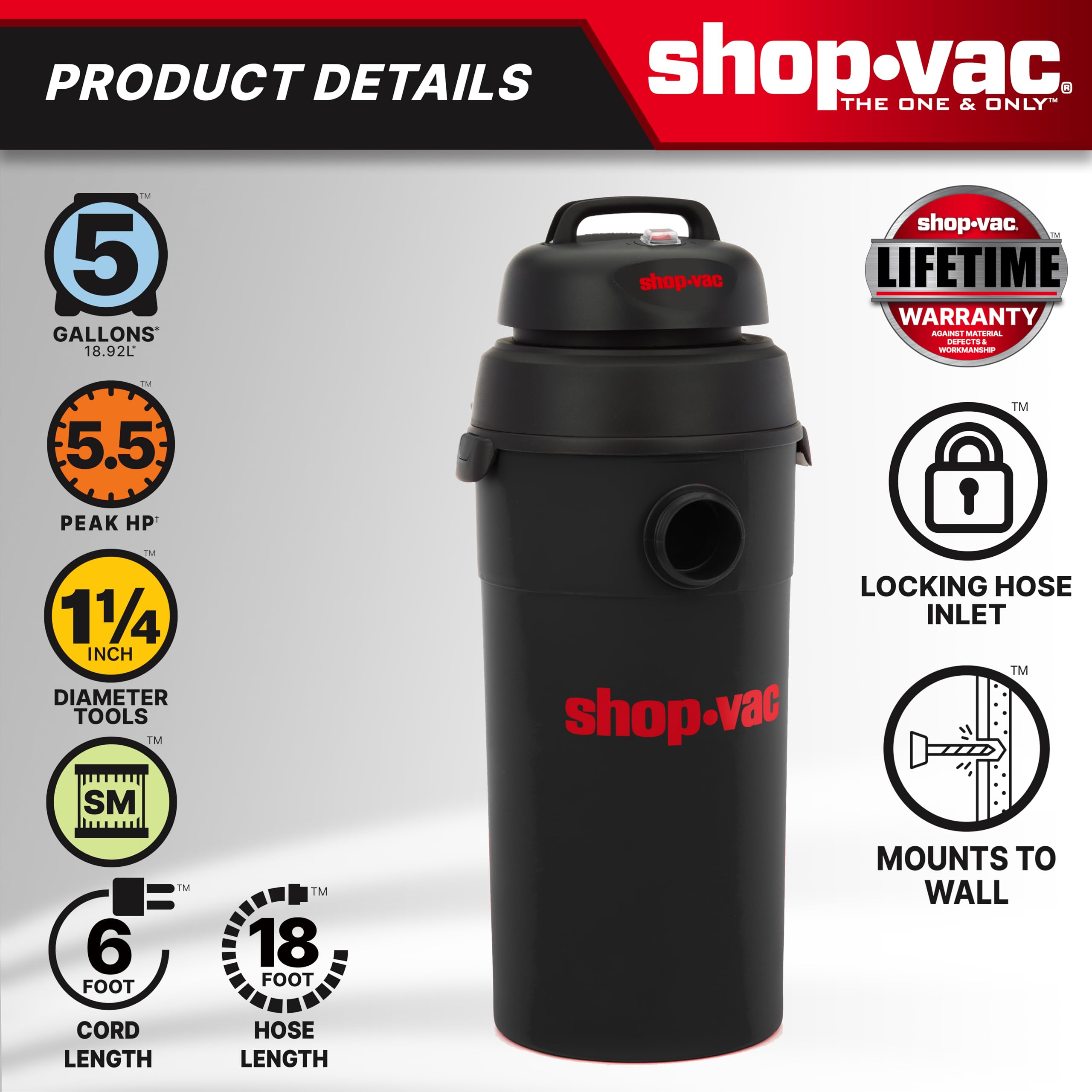 Shop-Vac 9522205 5 Gallon 5.5 PHP Wall-Mounted Wet/Dry Vac, 18 Ft Lock-On Hose, Includes Nozzles and Storage Bag, Ideal for Garage and Workshop