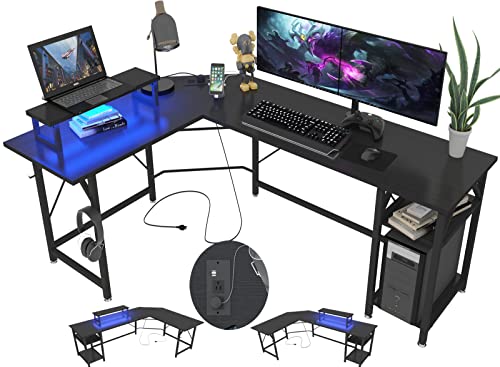 SZXKT L Shaped Computer Desk with Monitor Stand and Power Outlets,Gaming Desk with Storage Shelf and LED Lights,Home Office Reversible Corner with Hooks (Black)