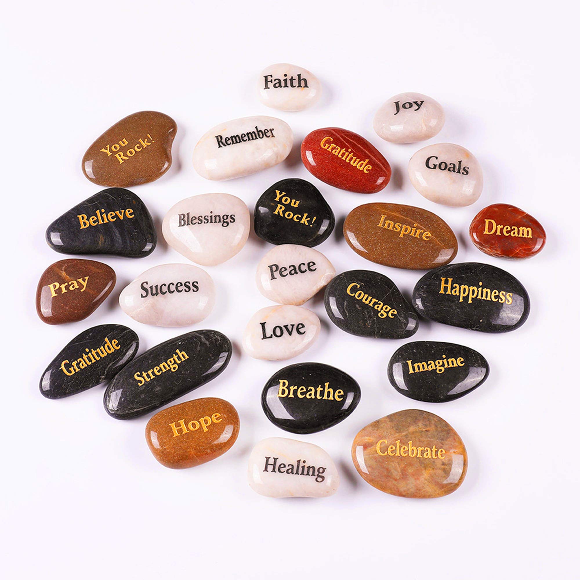 ROCKIMPACT 24pcs Inspirational Faith Stones Engraved Natural River Rocks Healing Stone Different Words (Bulk lot, Set of 24, 2β-3β Each)