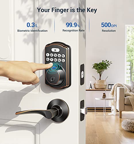 Veise Fingerprint Door Lock, Keyless Entry Door Lock, Electronic Keypad Deadbolt with Keys, Biometric Smart Locks for Front Door, Auto Lock, Anti-Peeking Password, Easy Installation, Oil Rubbed Bronze