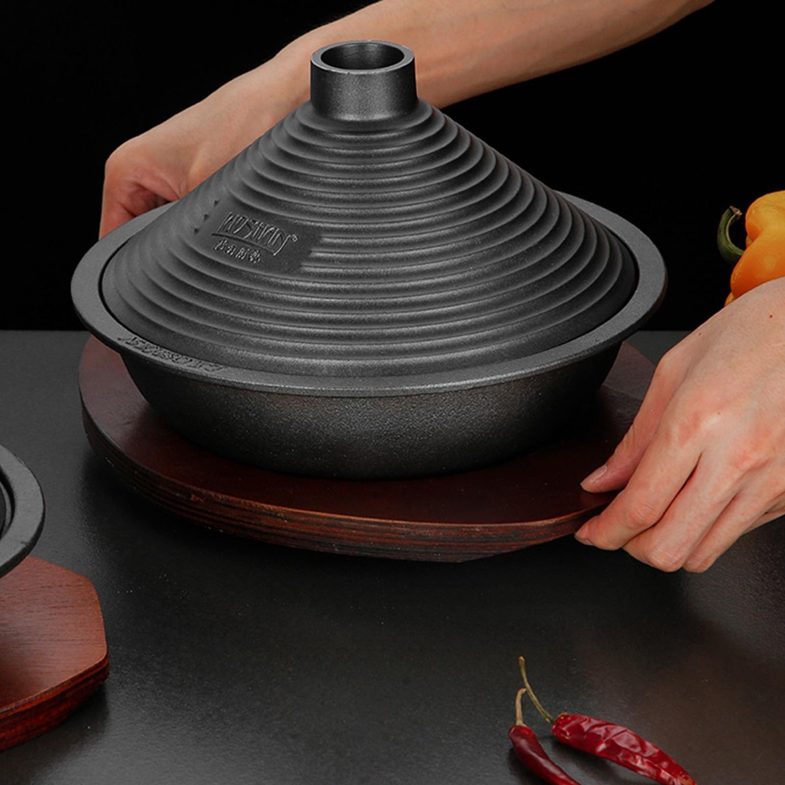 SXYAO Cast Iron Tajine Pot Moroccan with Tray, Non-Stick Seafood Pot with Tapered Lid Compatible with Induction Cooker Gas Kitchen Essentials(Size:26), Black