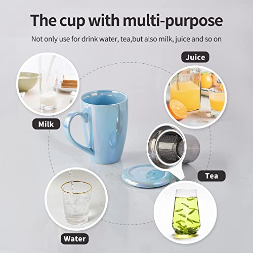 Jemirry Tea Cup with Infuser and Lid, Ceramic Cup with Lid, Tea Cup Tea Mug for Tea Lover, Porcelain Tea Strainer Cup, Tea Infuser Cup with Infuser Basket and Lid - Blue