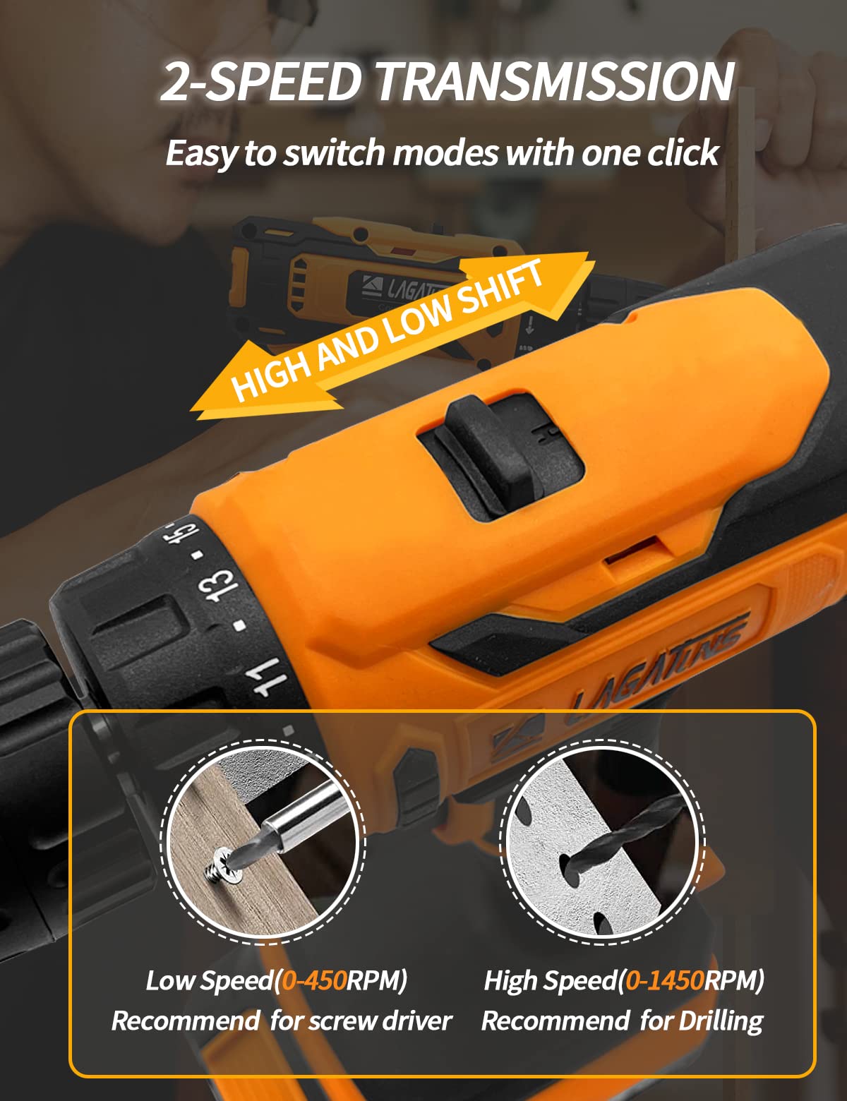Power Drill Cordless,21V Electric Power Drill Set,18+1 Clutch & Variable Speed,3/8-Inch Keyless Chuck,40NM(355in-Lbs)Max Torque,with a Battery & Charger,and other Accessories