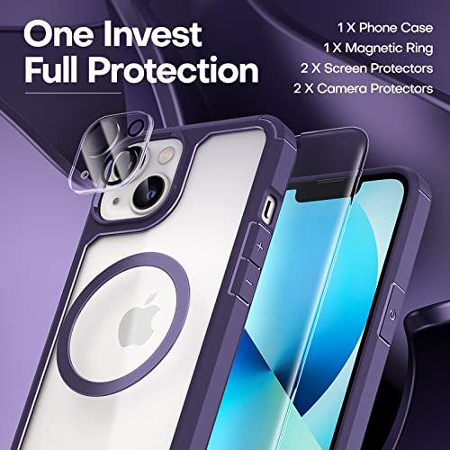 TAURI [5 in 1 Defender Designed for iPhone 13 Case 6.1 Inch, with 2 Pack Tempered Glass Screen Protector + 2 Pack Camera Lens Protector [Military Grade Protection] Shockproof Slim Thin-Dark Purple