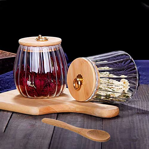 WEIRUIFANZHI 2 Pack Small Glass Coffee Jars set Canister with Bamboo Lid&spoon Petal Decorative Container with Metal Handle&scoop Airtight Storage jar Easy to Grasp for Nuts,Tea,Candy,Cookies(23.7OZ)