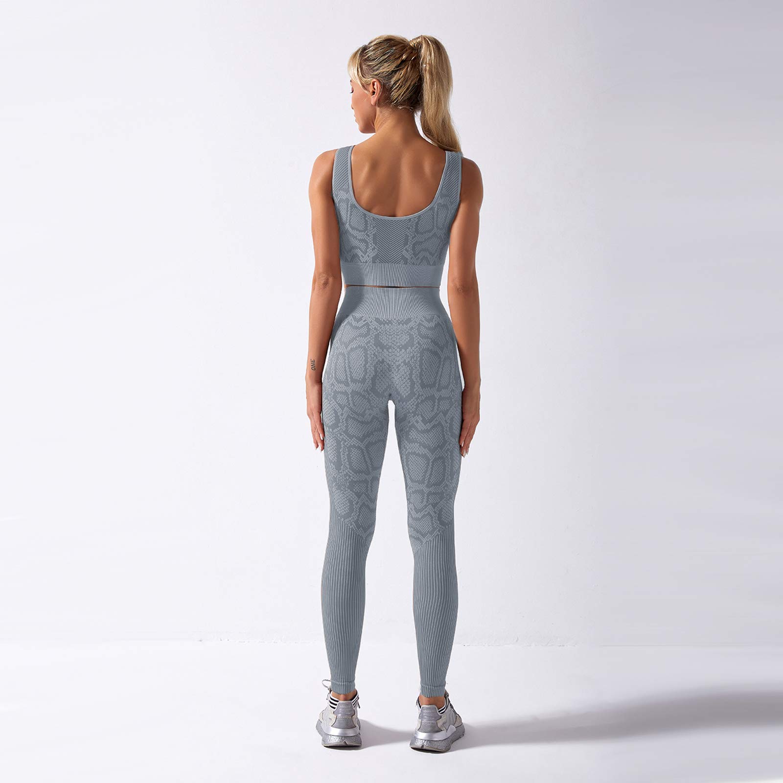 Hotexy Women Workout Set Active 2 Pieces Snake Print High Waisted Leggings with Paded Sports Bra Crop Top Deep Blue